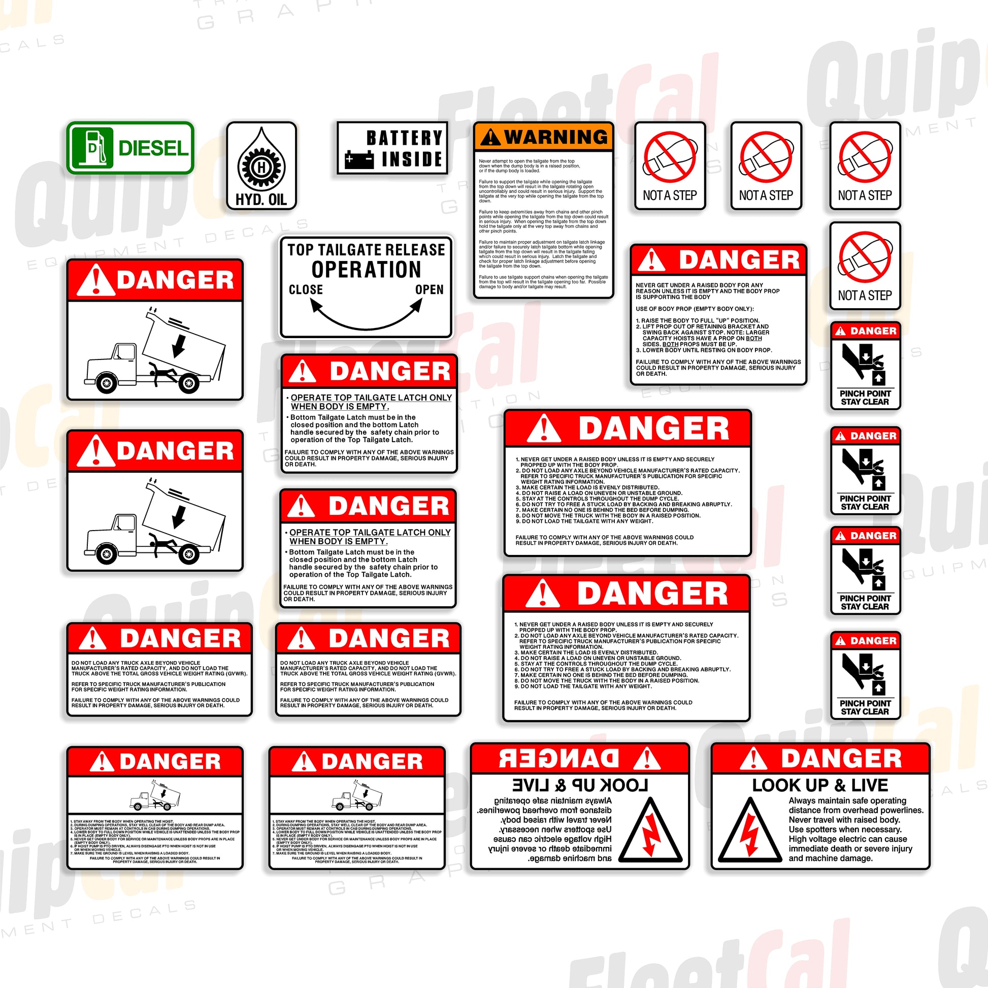 Dump Truck Universal Safety Decal Set - 001 – Truck and Equipment Decals